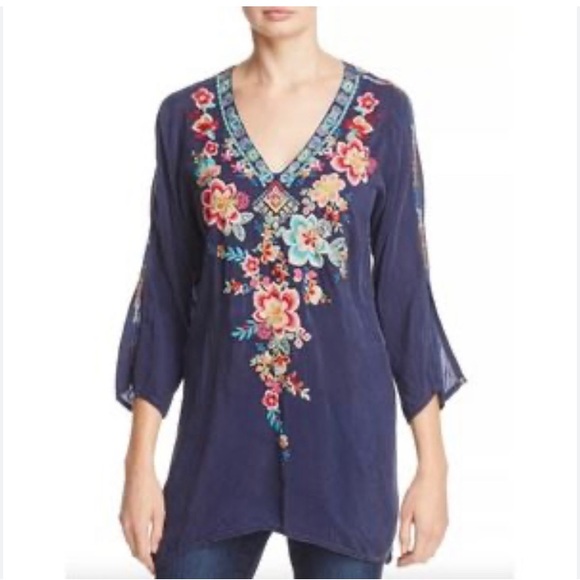 Adore | Tops | Adore Embroider Bamboo Cotton V Neck Long Sleeves Tunic Top Lagenlook Boho L ...